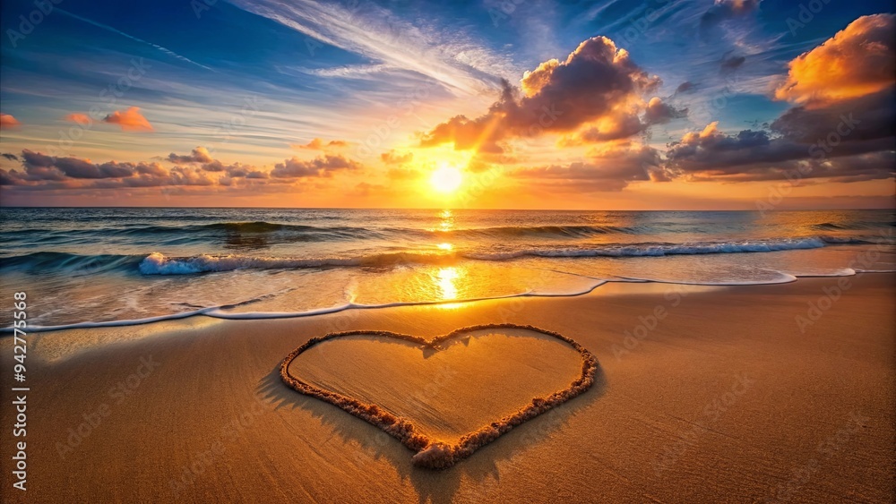 Heart shaped sun setting over the ocean on a sandy beach, creating a ...