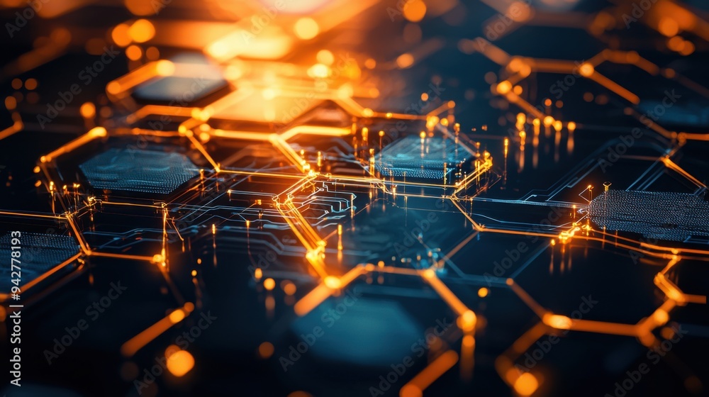 Close-up of interconnected hexagonal blocks representing data transfer ...