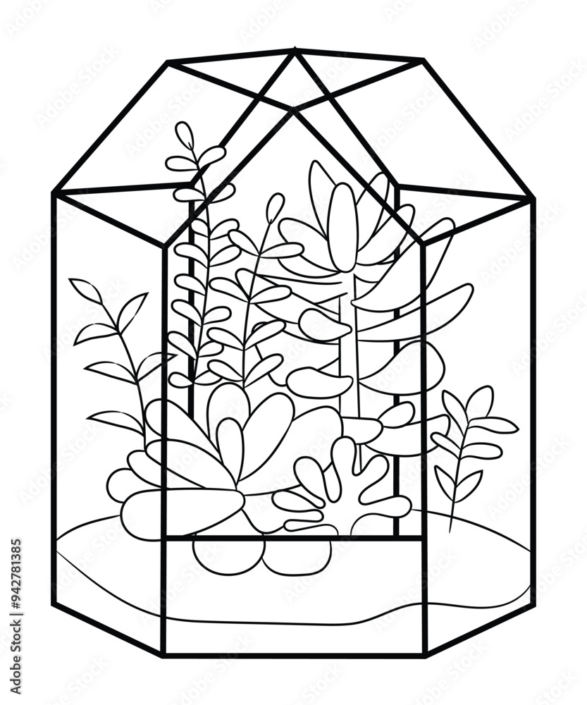 Hand drawn line art cactus and succulents plants in crystal terrarium ...