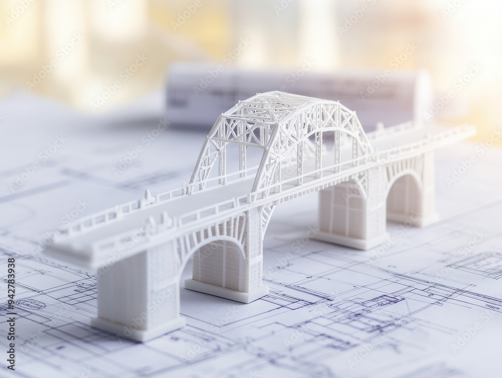 A detailed white architectural model of a bridge on construction ...