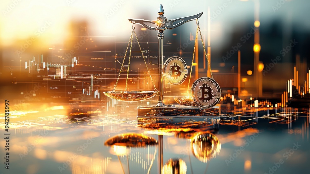 Detailed isometric view of a financial balance scale with digital ...