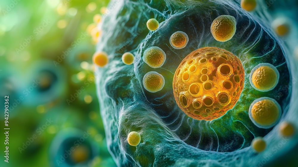 Cross-sectional view of a plant cell displaying chloroplasts and ...