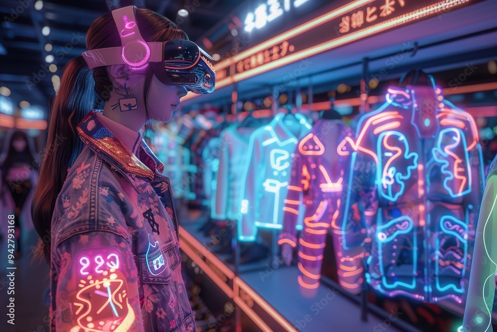 Person in VR headset exploring futuristic neon lit clothing store. Sci ...