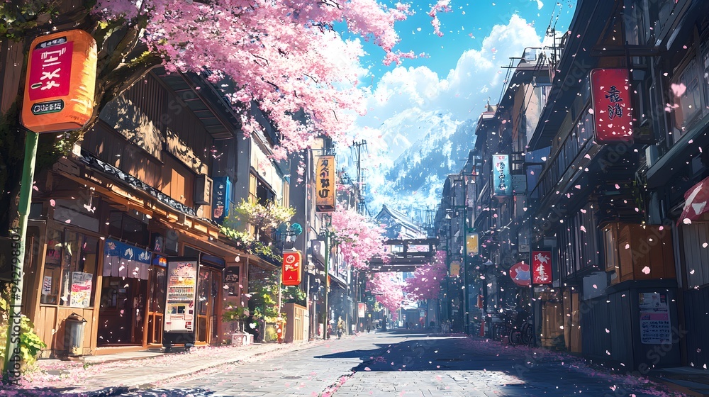 A vibrant background image of a Japanese city street in anime style ...