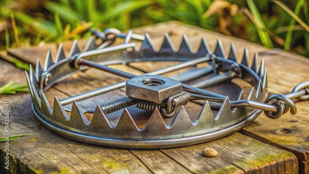 A metal bear trap with sharp spikes, designed to catch and trap animals in the wild, dangerous ...
