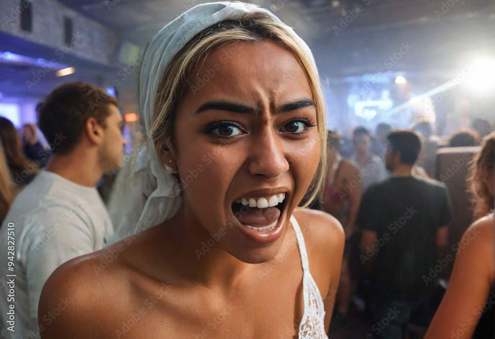 Young woman expressing dissatisfaction at a nightclub, frustrated by ...
