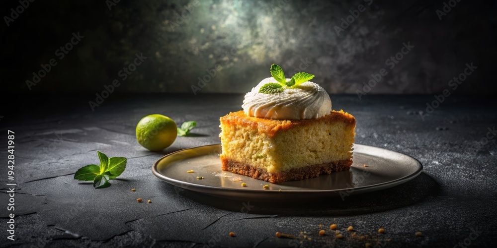 dark moody shadows emphasize rich textures of coconut cake crust ...