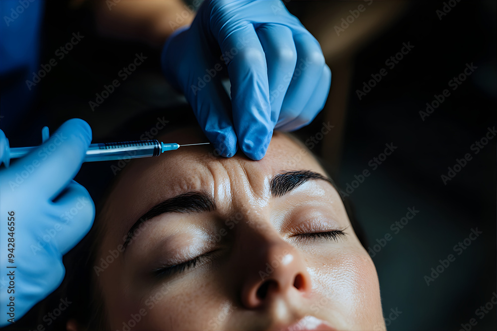 Beautiful woman receives an injection in the forehead. Botox for ...