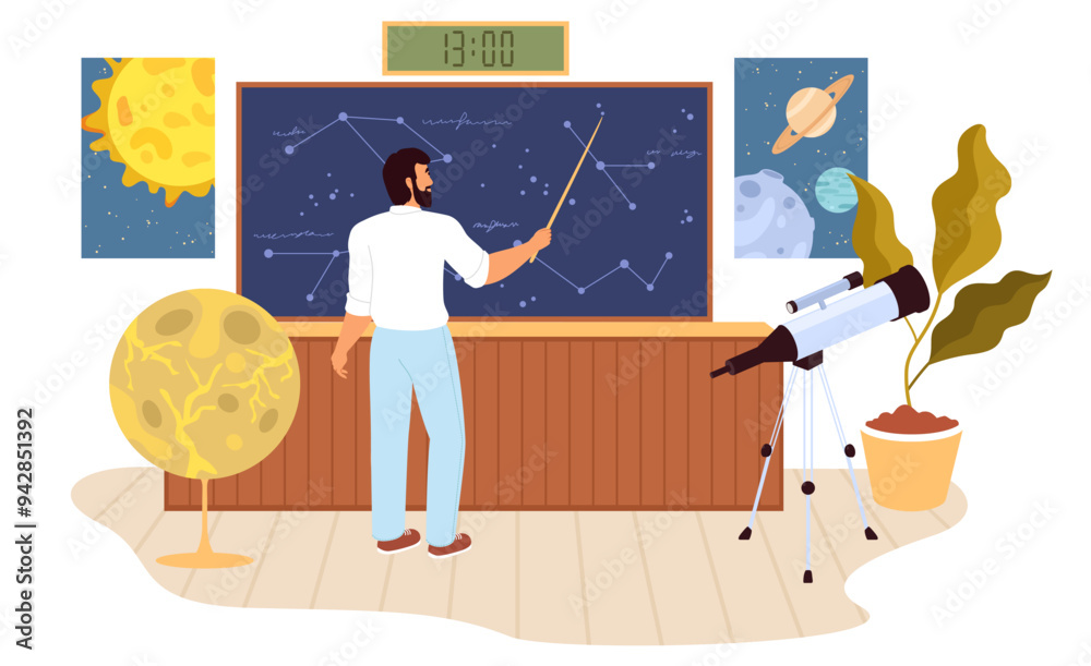 Astronomy classroom interior with teacher leading lesson explaining ...