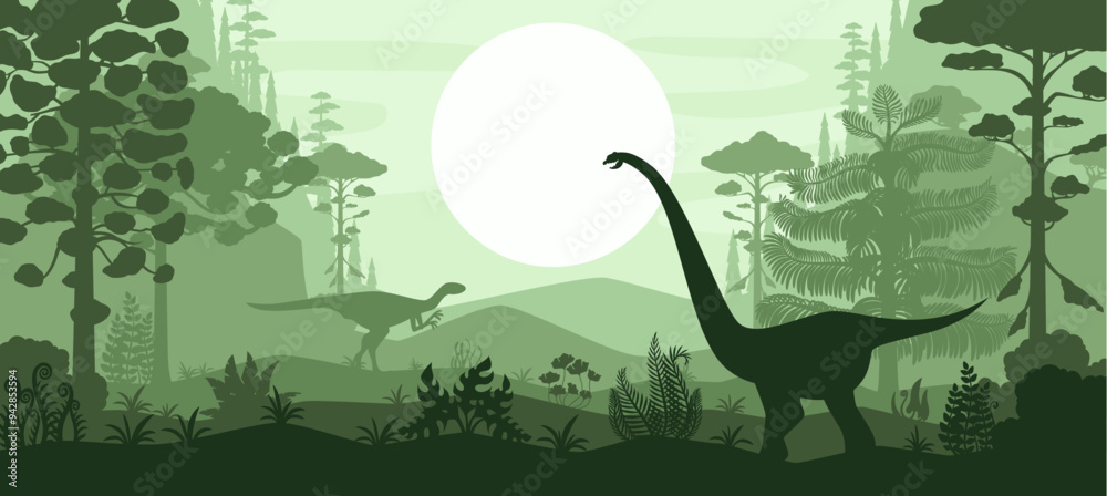 Vetor de Prehistoric dinosaurs silhouettes at the forest landscape ...