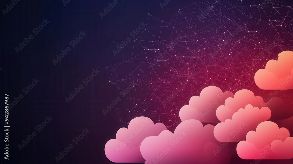 Abstract network diagram with cloud nodes connected by virtual pathways ...