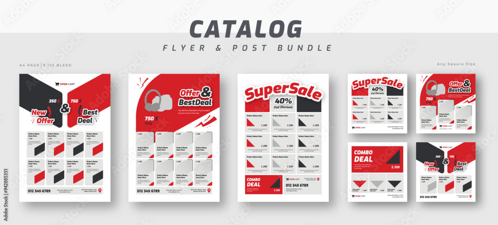 Supermarket product sale catalog flyer bundle, social media post set ...