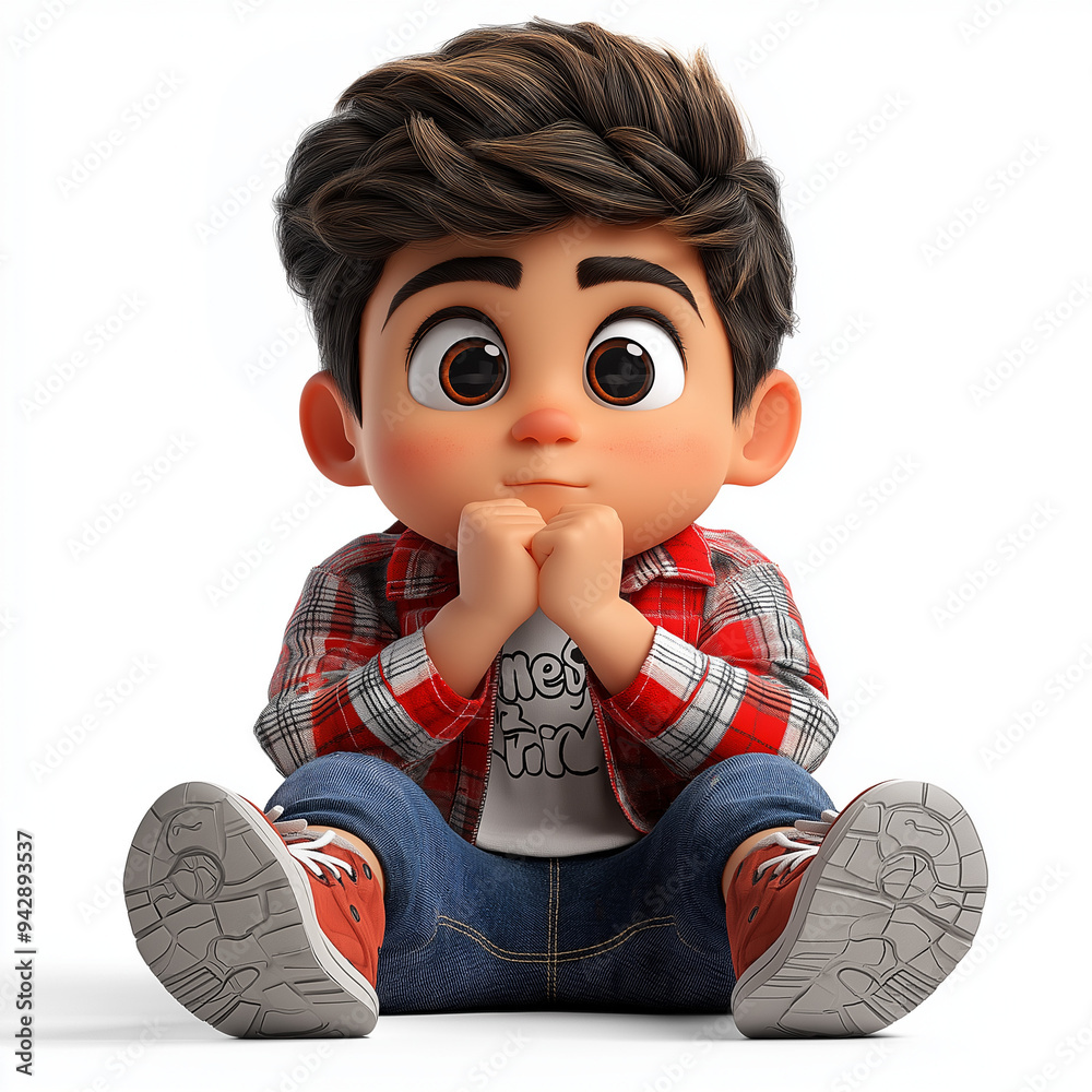 A cartoon child sitting with knees pulled up, hugging legs, with studio ...