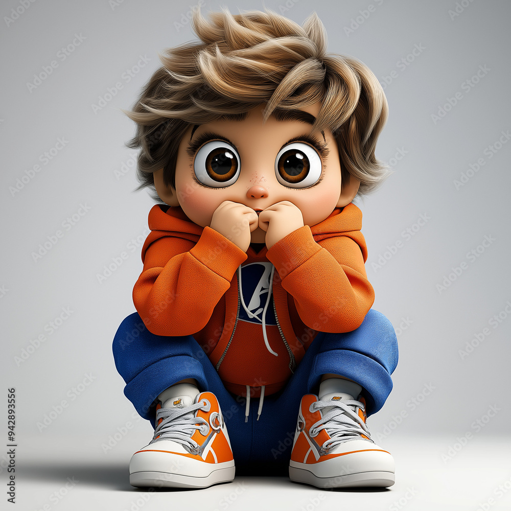 A cartoon child sitting with knees pulled up, hugging legs, with studio ...