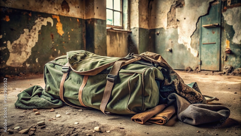 10. A worn army green duffel bag lying open on a dusty old floor ...