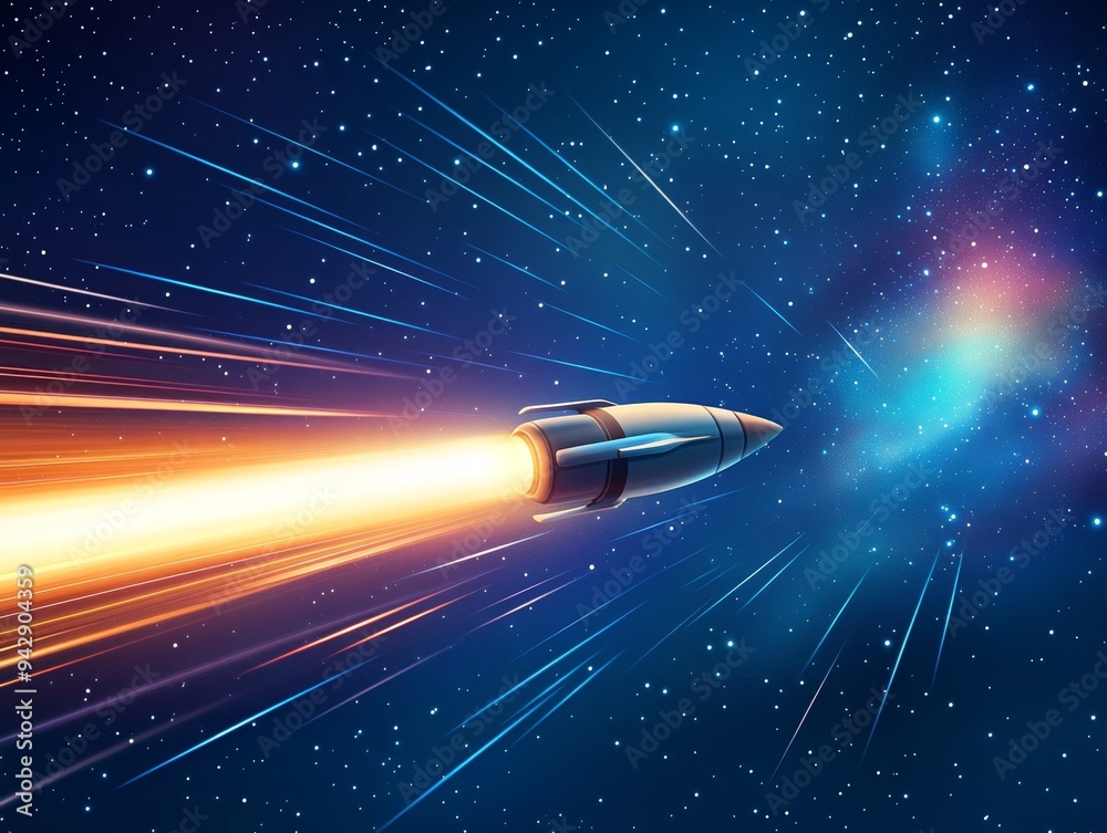 A powerful rocket blasting through the cosmos, speeding past stars and ...