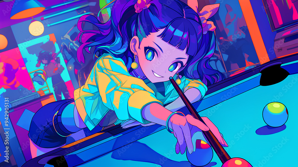 a girl playing billiards, anime style, cute kawaii, simple, smiling ...