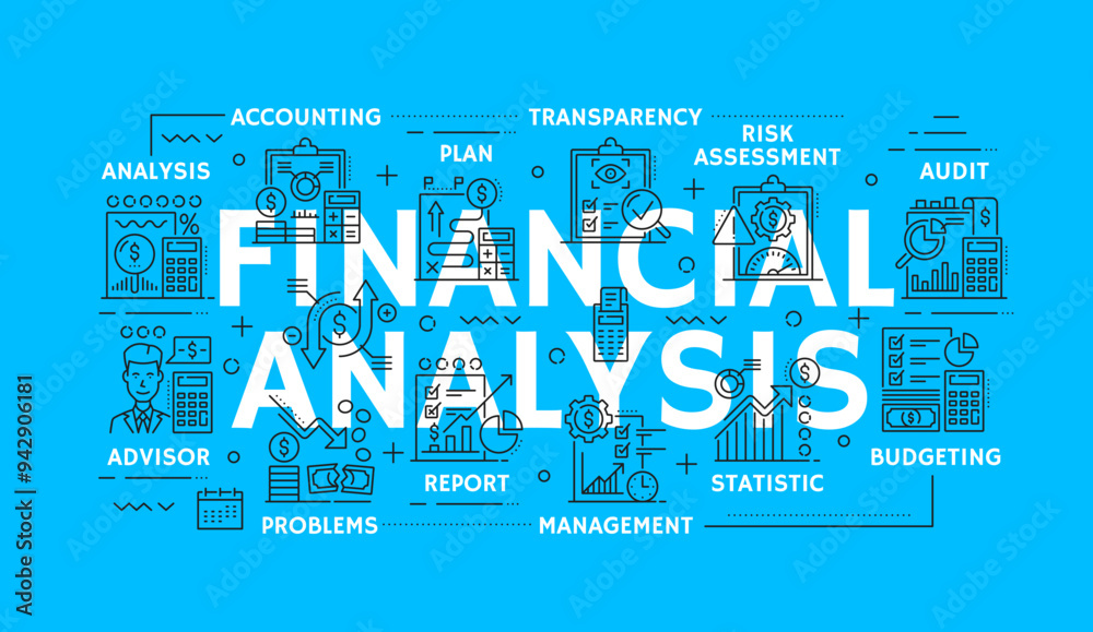 Financial analysis banner with line icons of finance audit, banking and ...