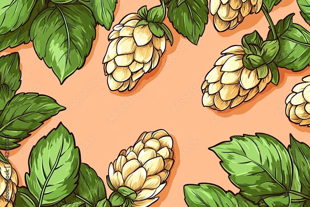 Hops with green leaves on peach background. This image is perfect for ...
