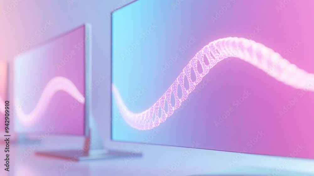 Three computer monitors are displayed side by side, each with a pink ...