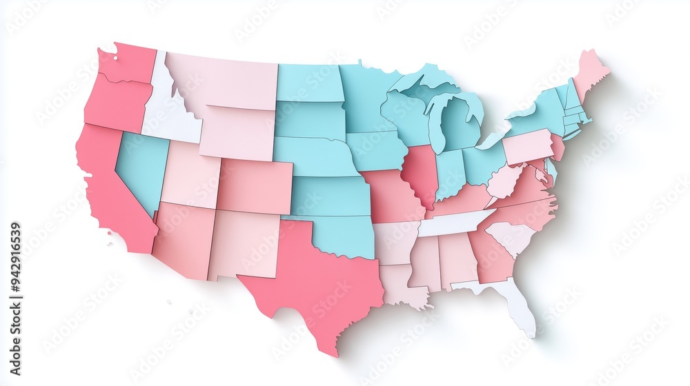 United States map with individual states as colorful 3D blocks, modern ...