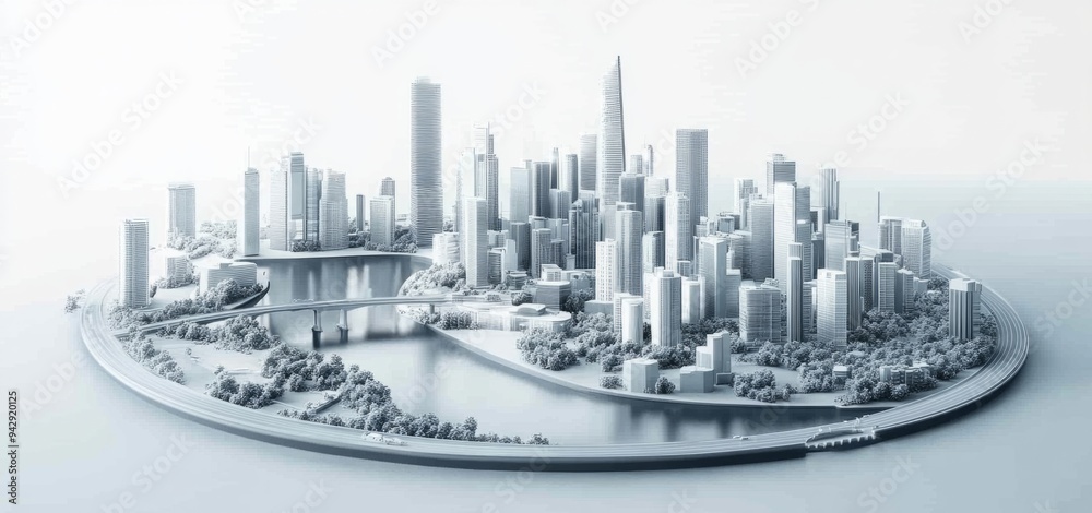 3D rendering of a city model with modern buildings, skyscrapers, roads ...