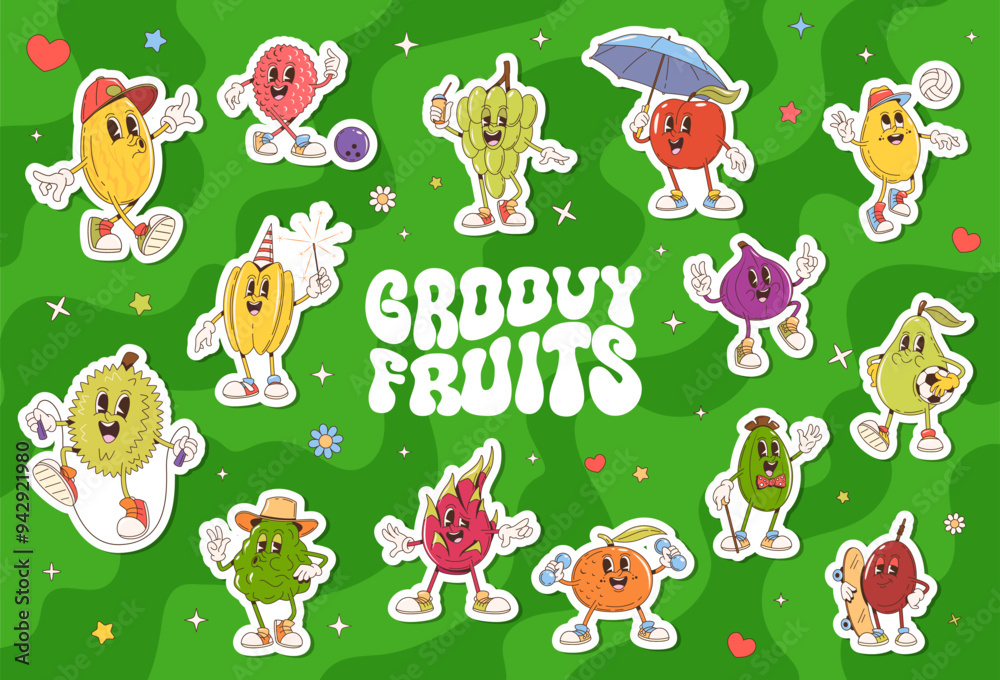 Retro groovy fruit characters stickers. Vector patches set with cartoon ...