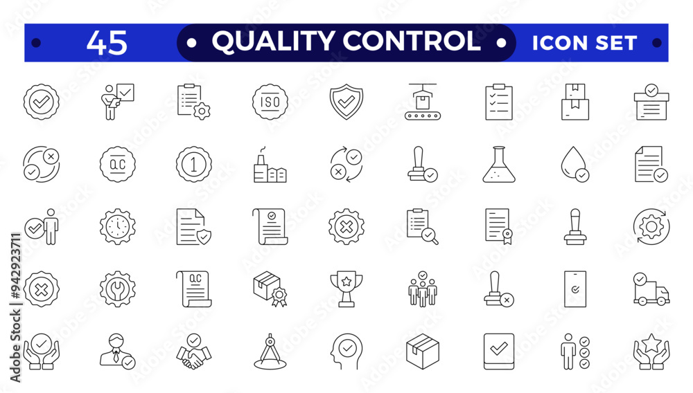 Quality control Outline icon set. Containing inspection, evaluation ...