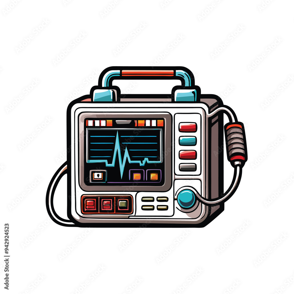 A detailed vector illustration of a defibrillator with a handle, a ...