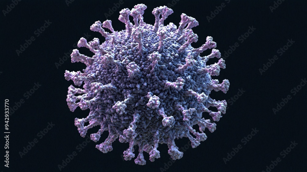 A 3D model of a virus structure, showing the spike proteins and ...
