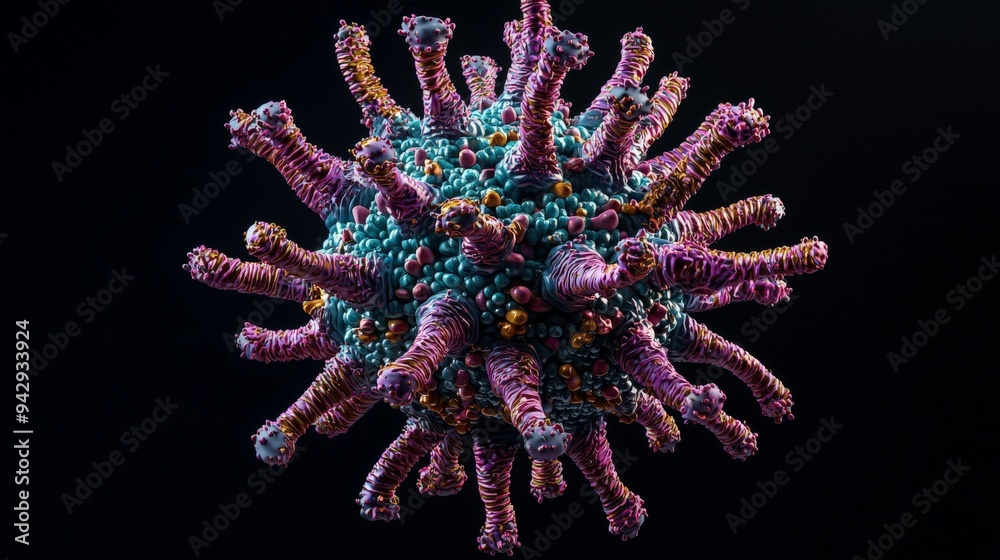 A 3D model of a virus structure, showing the spike proteins and ...