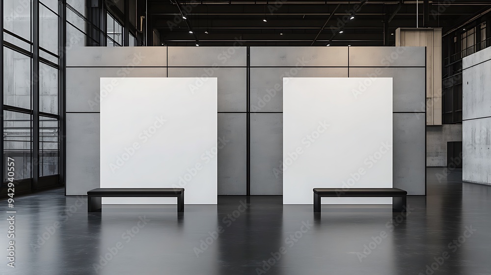 Sleek Industrial Exhibition Space with Two Blank White Partitions ...