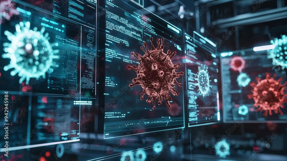 a cyber attack in progress, with multiple screens showing the virus spread, overlaid with ...