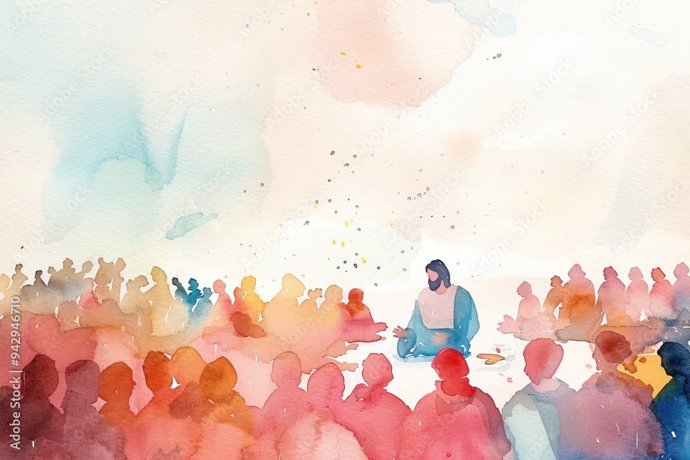 Minimalist Watercolor Illustration of Jesus Feeding the Hungry Masses ...