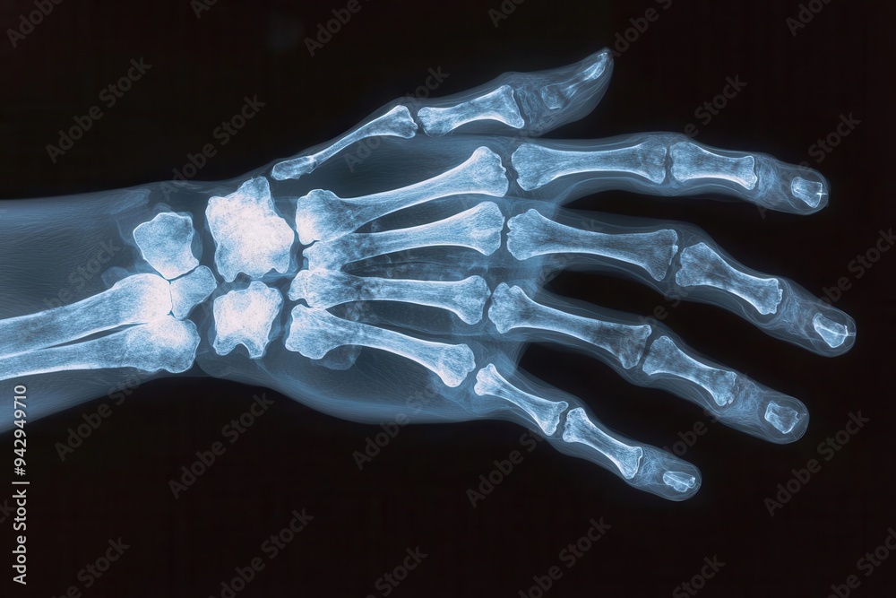 Detailed X-ray of a hand showing bone fractures and surrounding soft ...
