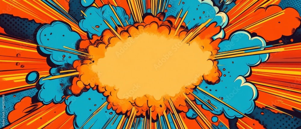 Retro comic book explosion, vibrant orange and blue color scheme, with ...