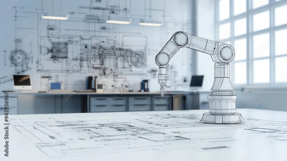 Clean line blueprint of a robotics lab, detailed framework and clear ...