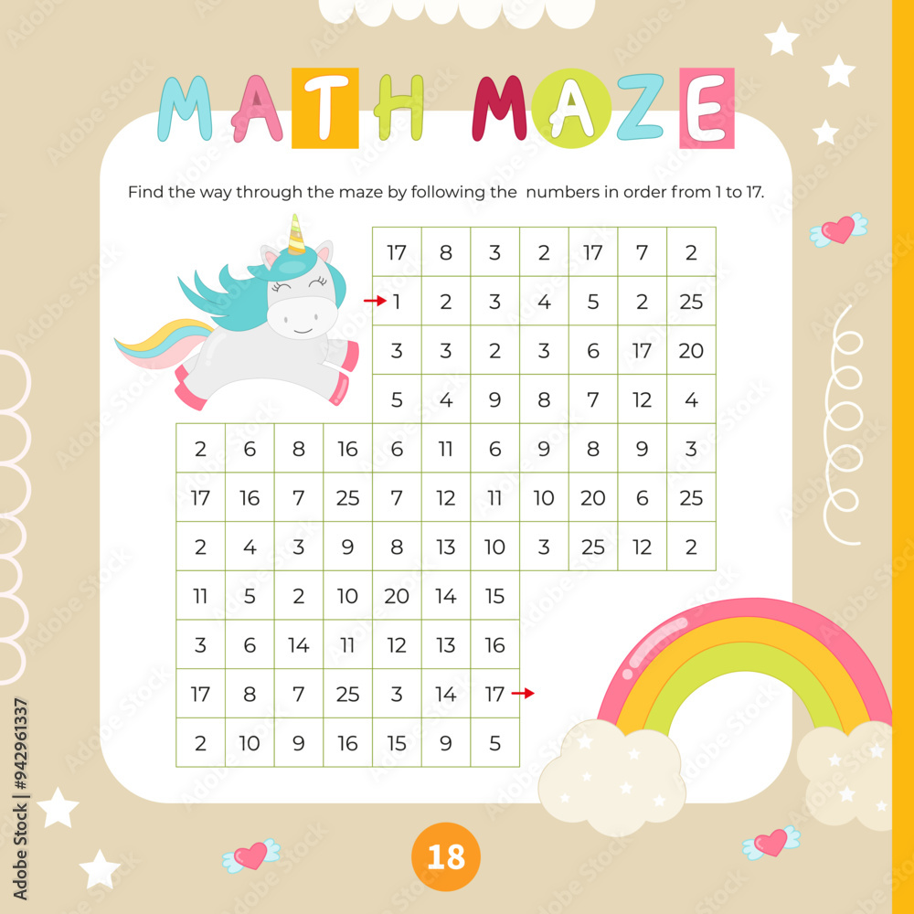 Unicorns math activities for kids. Math maze game. Find the way through ...