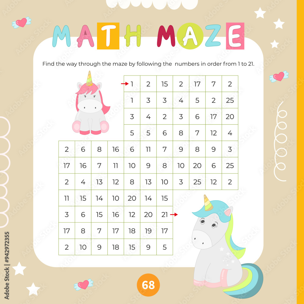 Unicorns math activities for kids. Math maze game. Find the way through ...