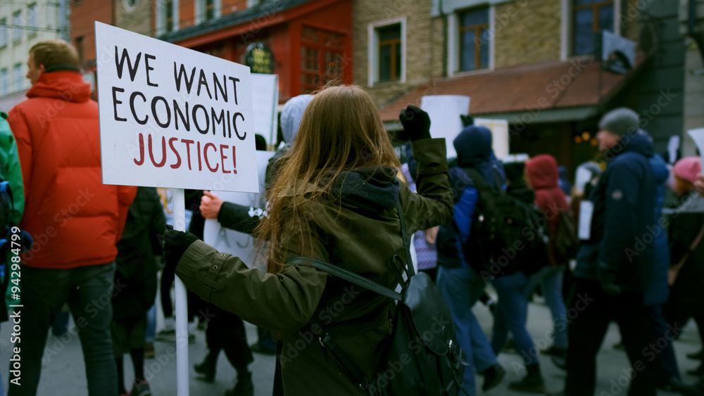 Sad poor people hold anti financial crisis banner. Stop cost rise ...