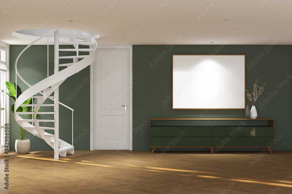 3d render of minimal white spiral stair case in living room. Wood ...