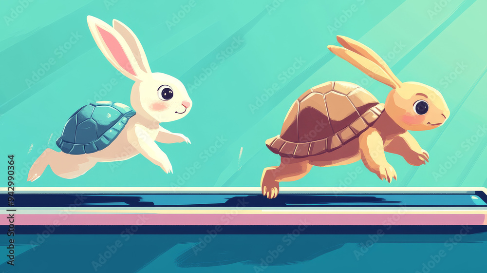 A modern cartoon illustration of a rabbit and a turtle racing each ...