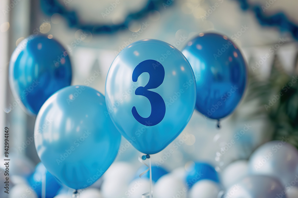 Blue number three with balloons. Playful symbol 3. Invitation for third ...