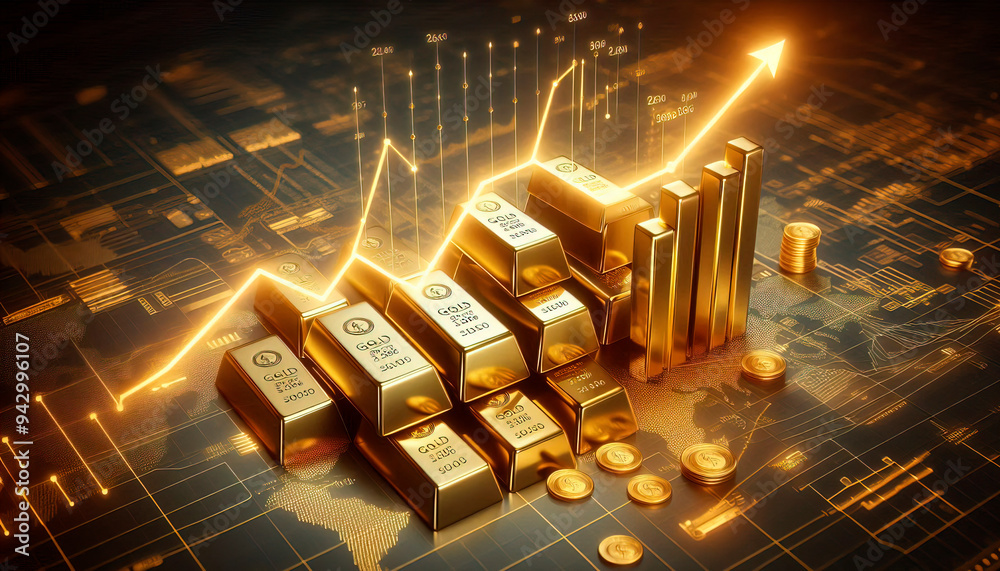 Gold bars with a rising graph line symbolizing gold investment growth ...