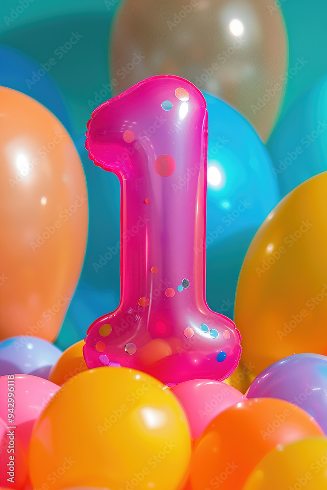 Colorful number one with balloons. Playful symbol 1. Invitation for ...