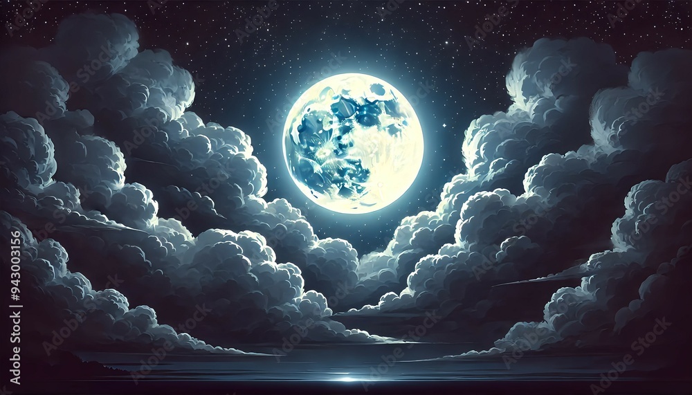 A full moon glowing in a night sky filled with thick clouds. The stars ...