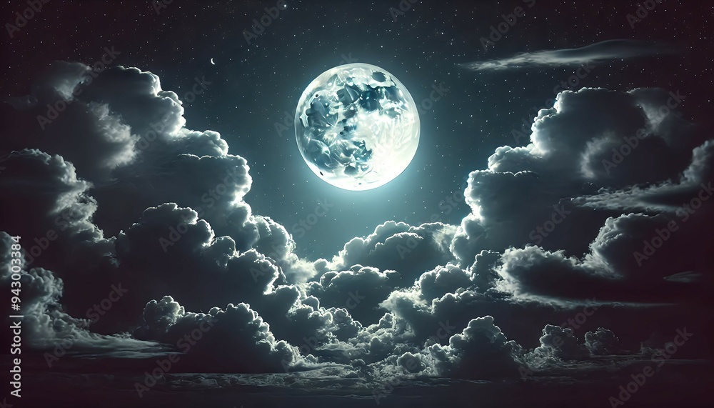 A full moon glowing in a night sky filled with thick clouds. The stars ...