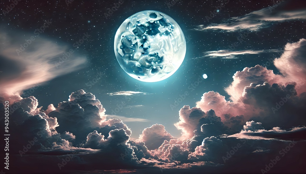 A full moon glowing in a night sky filled with thick clouds. The stars ...