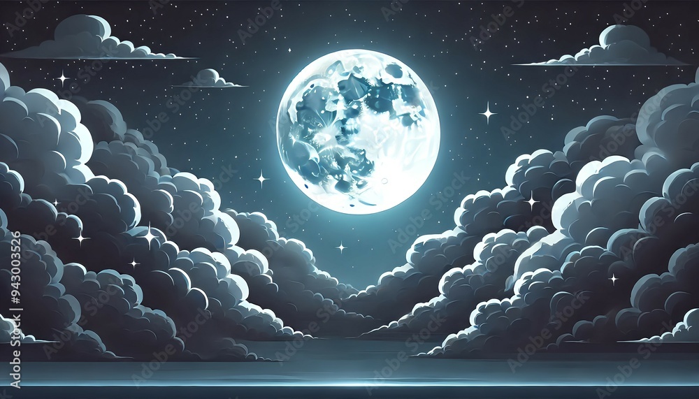A full moon glowing in a night sky filled with thick clouds. The stars ...