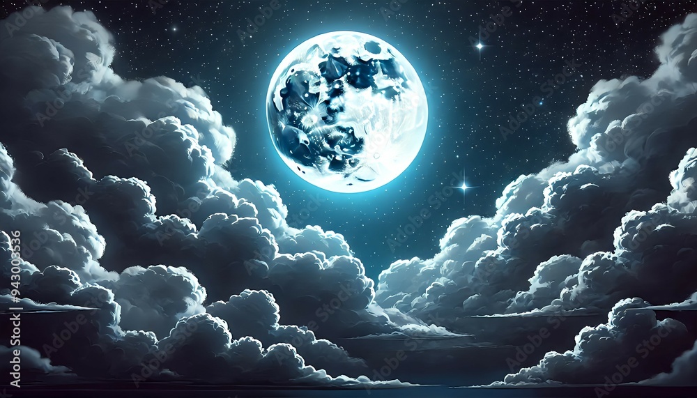 A full moon glowing in a night sky filled with thick clouds. The stars ...
